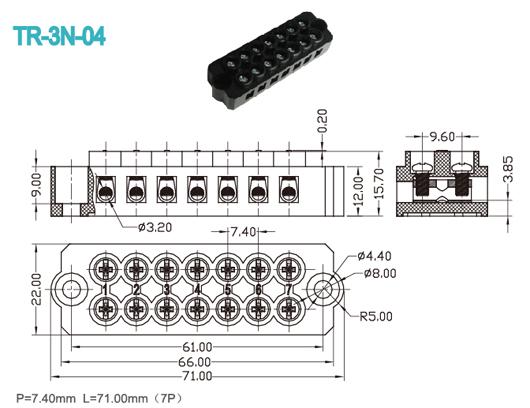 Panel Mount Terminal Connector Black 7.40mm 300V 20A 7P Feed Through ...