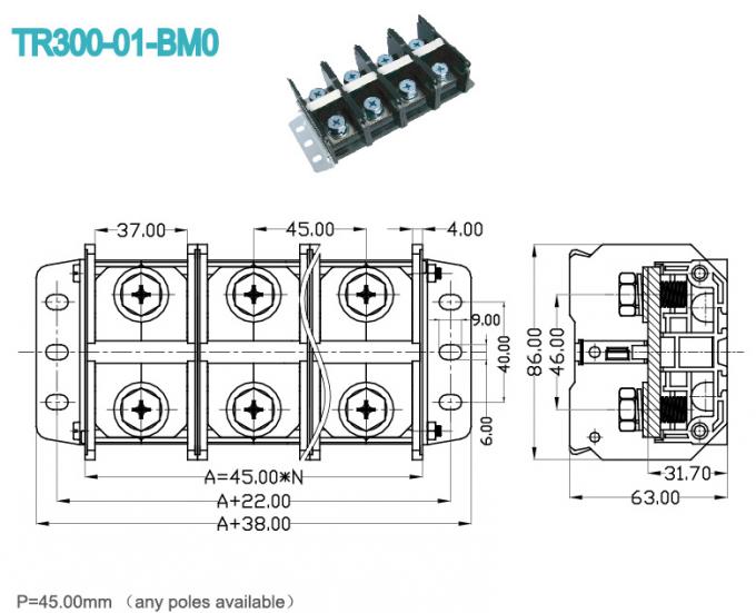 300A 600V High Current Terminal Connector 45mm Screw Mount Terminal Block